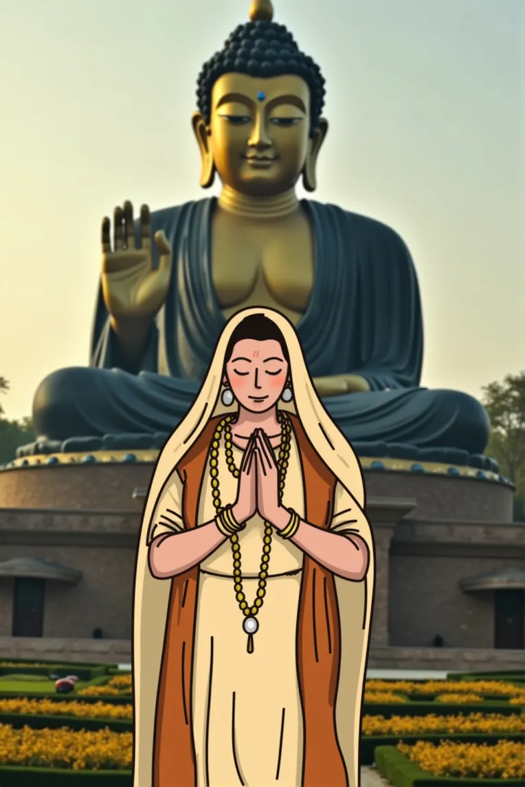 A cartoon-style Indian woman,praying with her hands folded under a huge ...