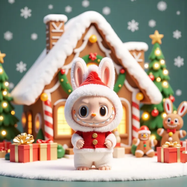 labubu-inspired 3D Christmas scene featuring a cute rabbit with a human ...